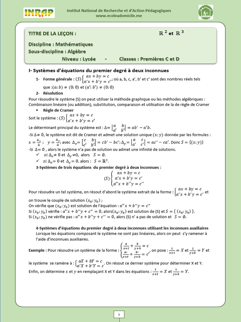 Maths - 1ere C-D - Systemes Lineaires Dans R 2 Et R 3 | PDF