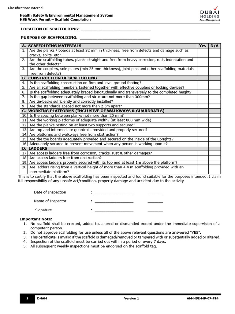 AM HSE MP 07 F14 HSE Work Permit Scaffold Completion | PDF | Scaffolding
