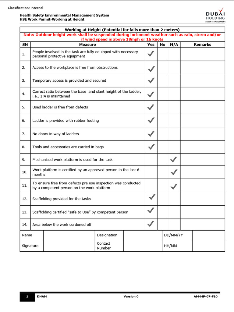 AM HSE MP 07 F10 HSE Work Permit Work at Height | PDF