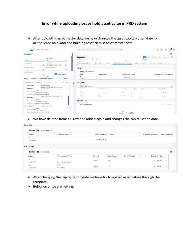 Error While Uploading Lease Hold Asset Value in PRD System | PDF