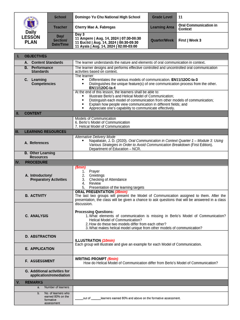 OralComm LP Week 3 Day 3 | PDF | Learning | Communication