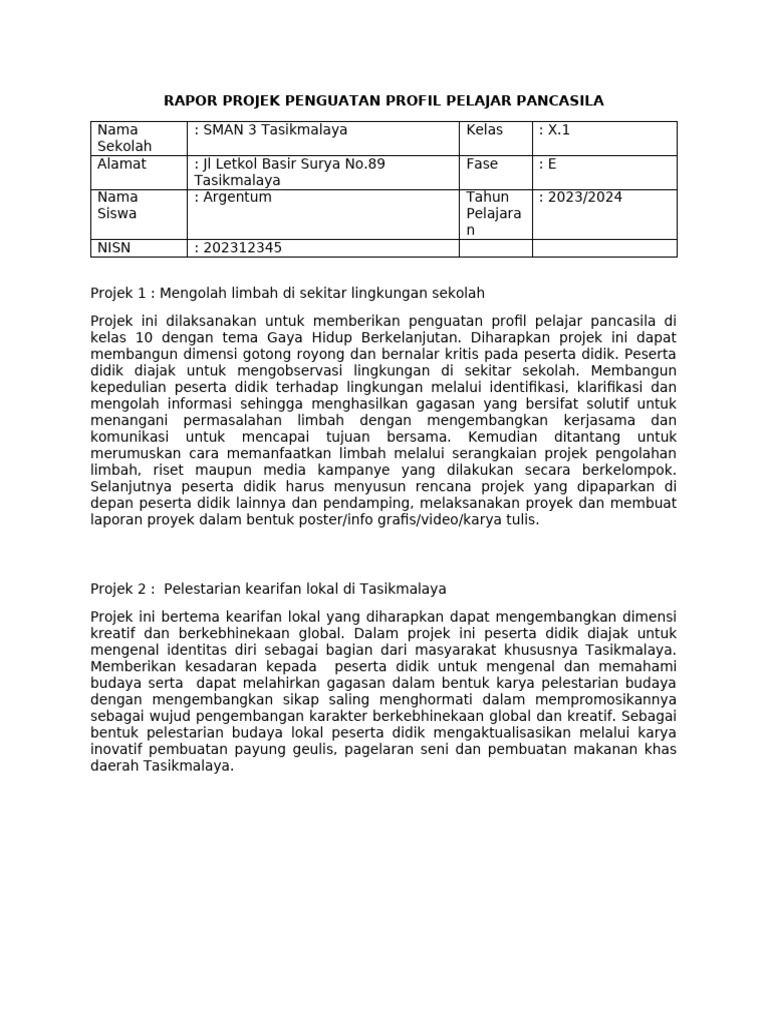 Contoh Rapor P5 | PDF