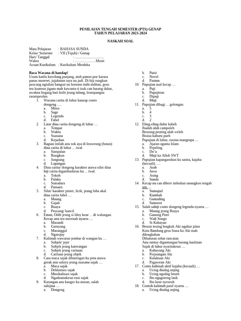 Soal PTS Genap B. Sunda 2024 Kelas VII | PDF