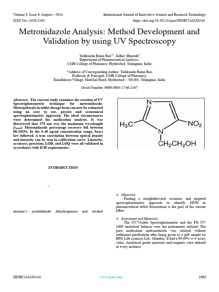 Metronidazole Analysis: Method Development and Validation by Using UV Spectros | PDF | Detection ...