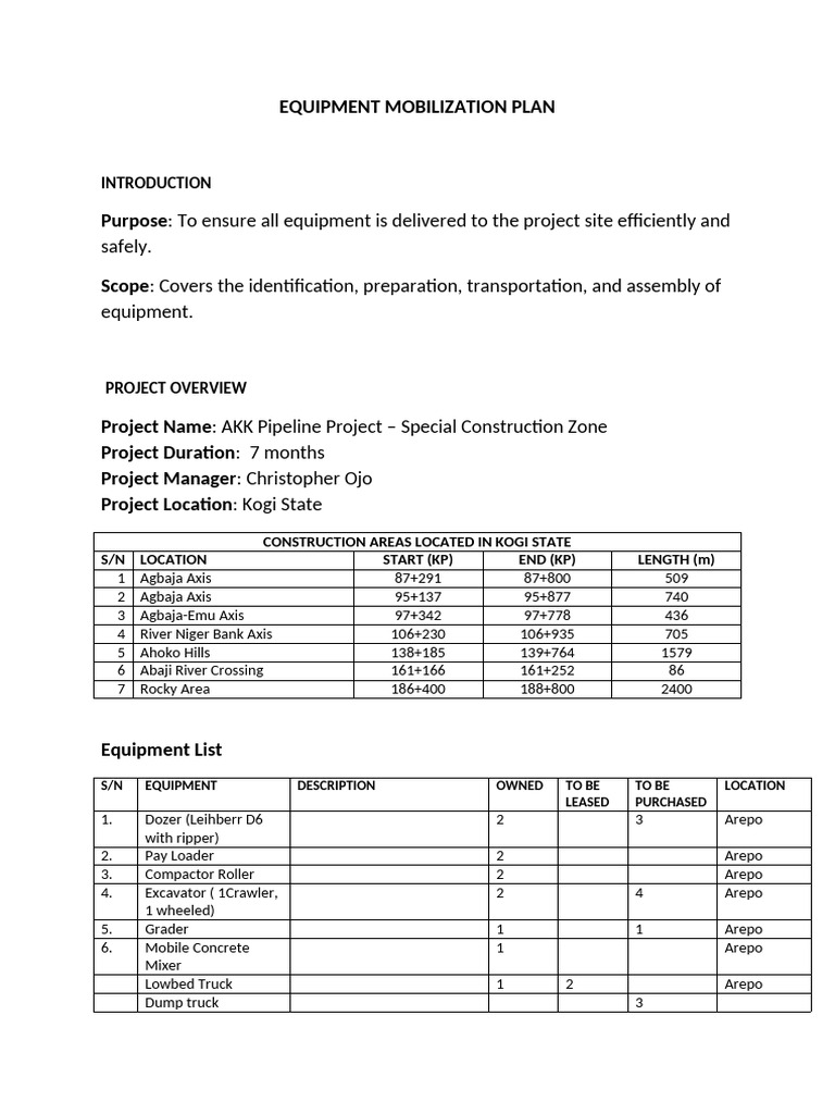 Equipment Mobilization Plan | PDF