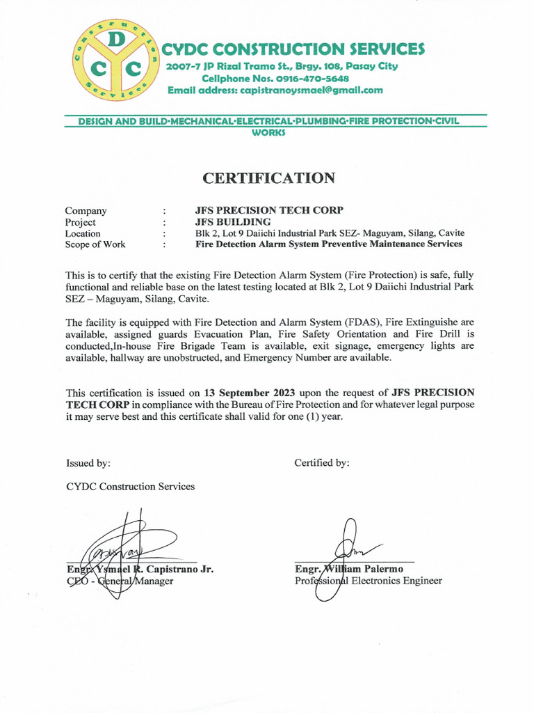 JFS FDAS PMS CERT 2023 | PDF