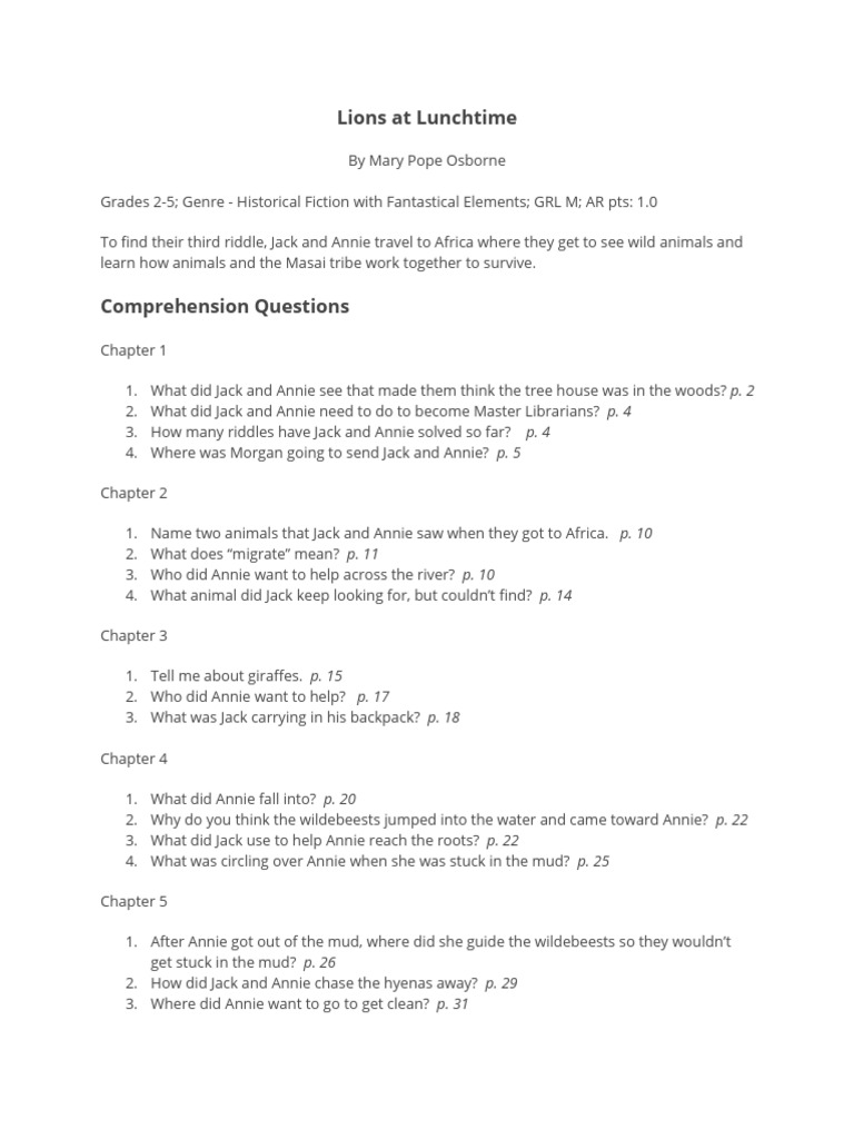 Lions at Lunchtime - Comprehension Questions | PDF