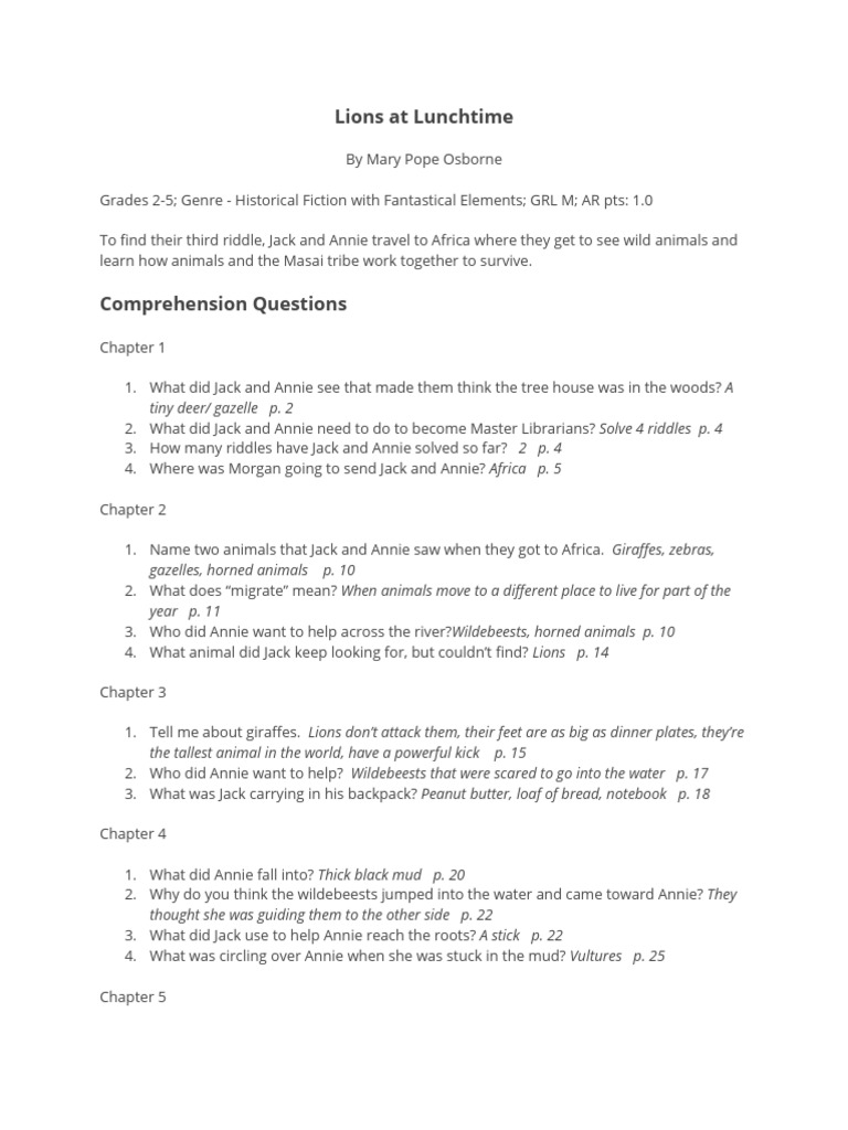 Lions at Lunchtime - Comprehension Questions With Answer | PDF