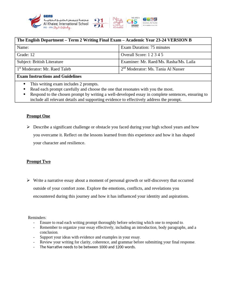 Term 2 Term 2 Writing Final Exam | PDF