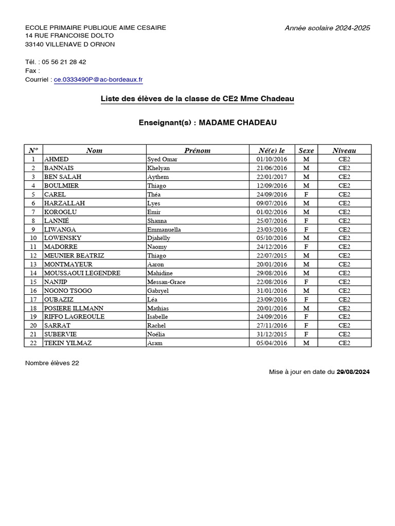 Liste des élèves CE2 2024-2025 | PDF
