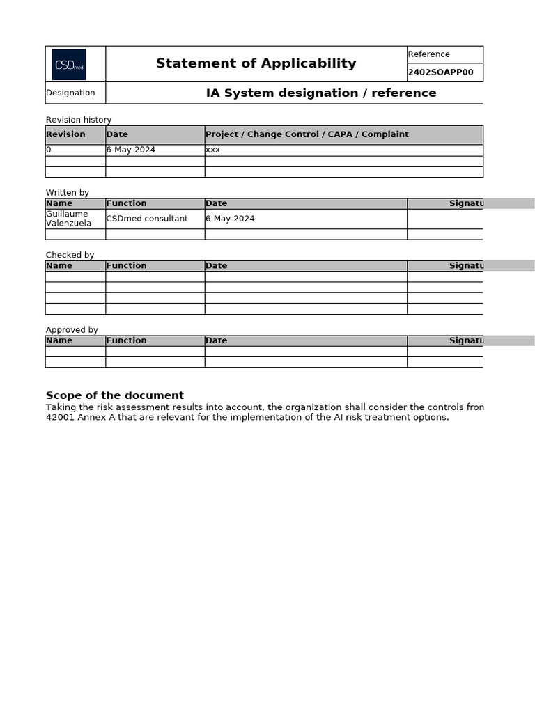 Template ISO42001 Statement of Applicability 00 | PDF