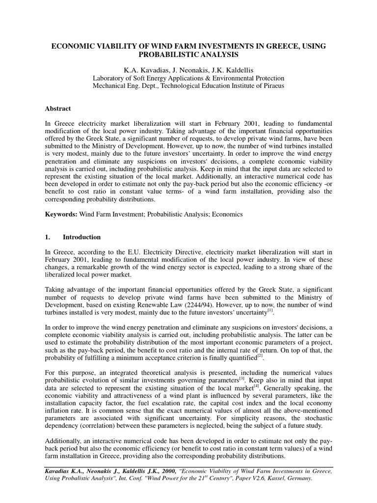 Economic Viability of Wind Farm Investments in Greece, Using ... Economic Viability of Wind Farm Investments in Greece, Using ...