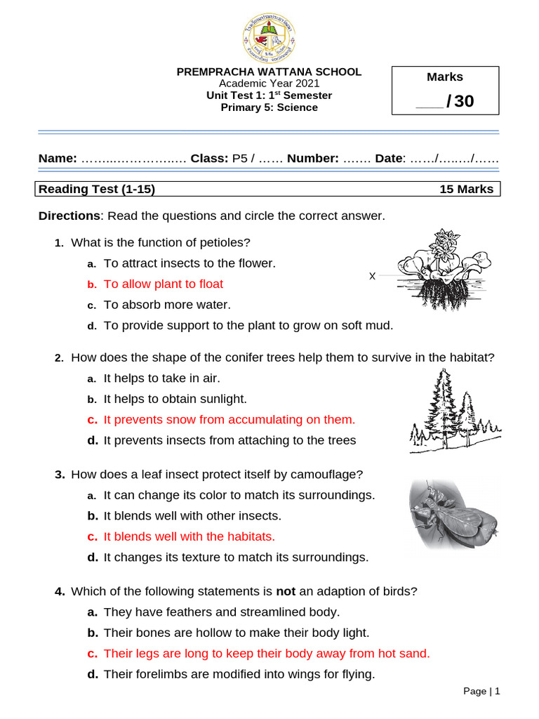 P5.Science - UnitTest1.Term1.2022 - ANSWER KEY 2 | PDF