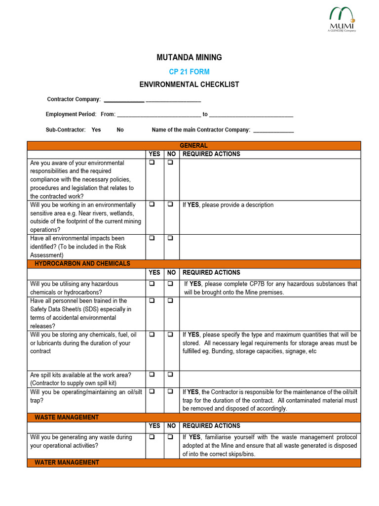 MM-HS-FM-389, Rev-1 CP21 Environmental Checklist | PDF