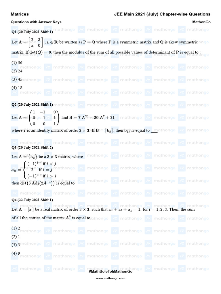 Matrices - JEE Main 2021 July Chapter-Wise - MathonGo | PDF