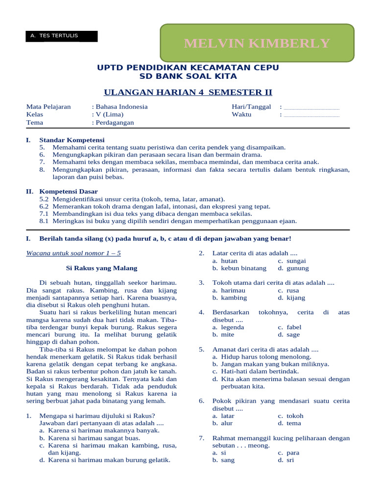 Uh4 B. Indonesia Kelas V | PDF