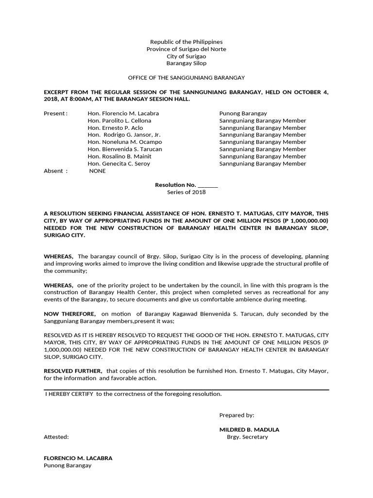 Resolution - Brgy - Health Center | PDF
