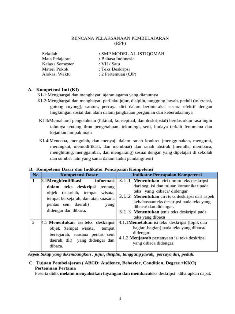 RPP KD 3.1 & KD 4.1 Teks Deskripsi | PDF