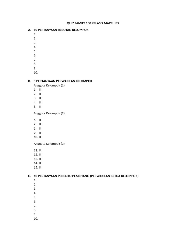 Quiz Family 100 Kelas 9 Mapel Ips | PDF
