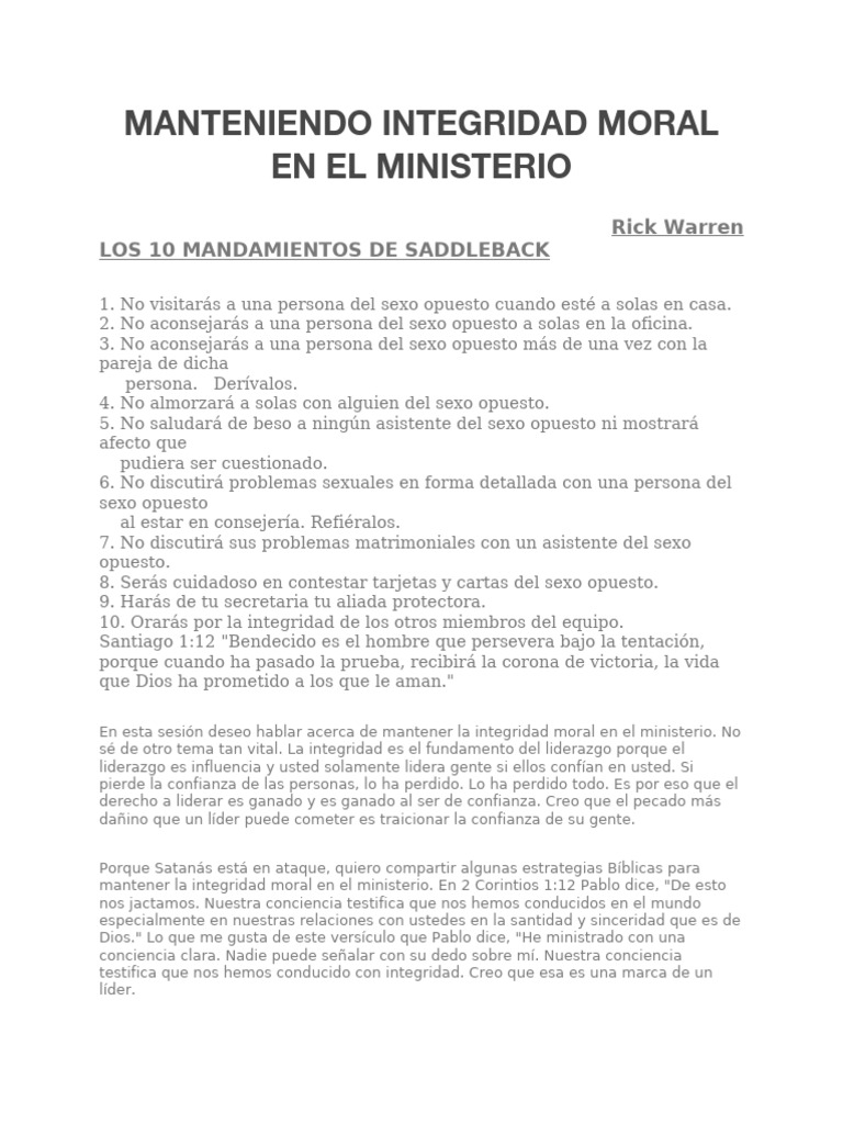 La Integridad Pastoral Rick Warren | PDF