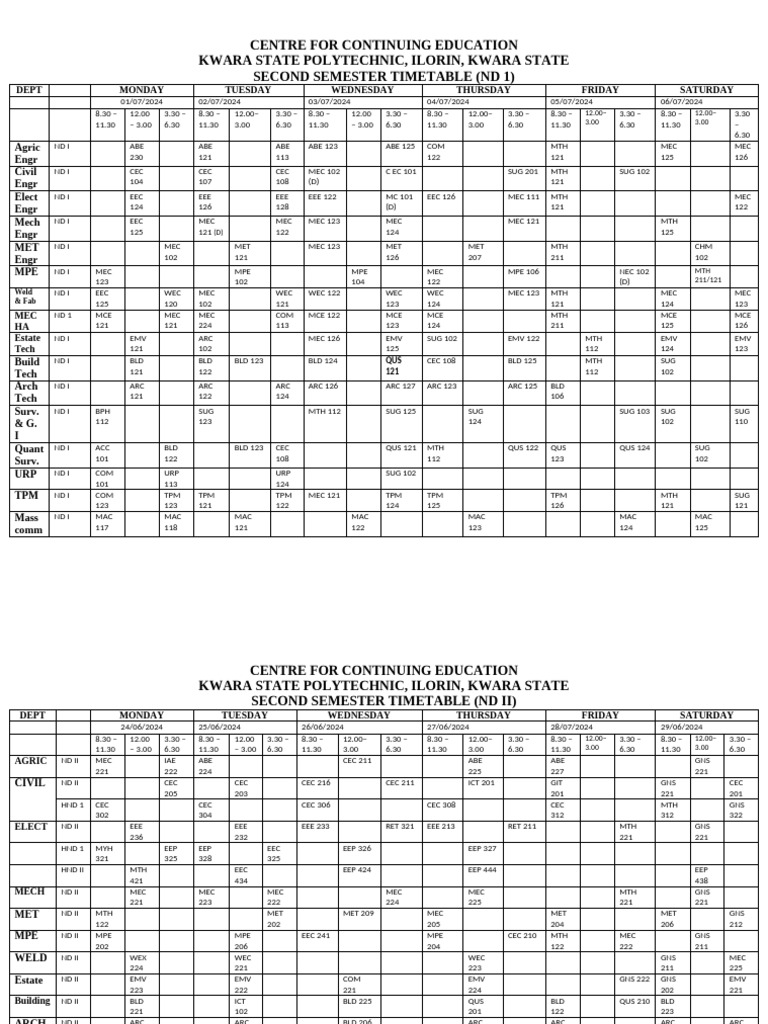 Second Semester Exam Time Table 2024-1 | PDF