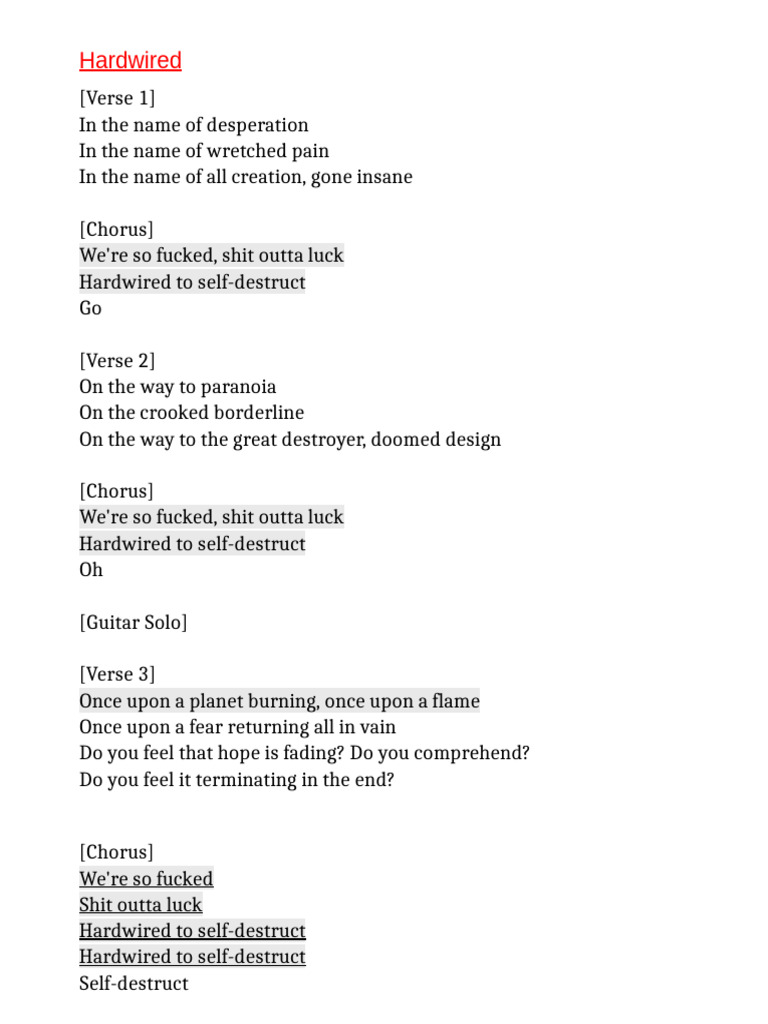 Hardwired... To Self-Destruct Album - Full Lyrics | PDF
