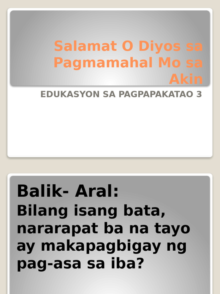 ESP 3 PPT Q4 - Salamat O Diyos Sa Pagmamahal Mo Sa Akin | PDF
