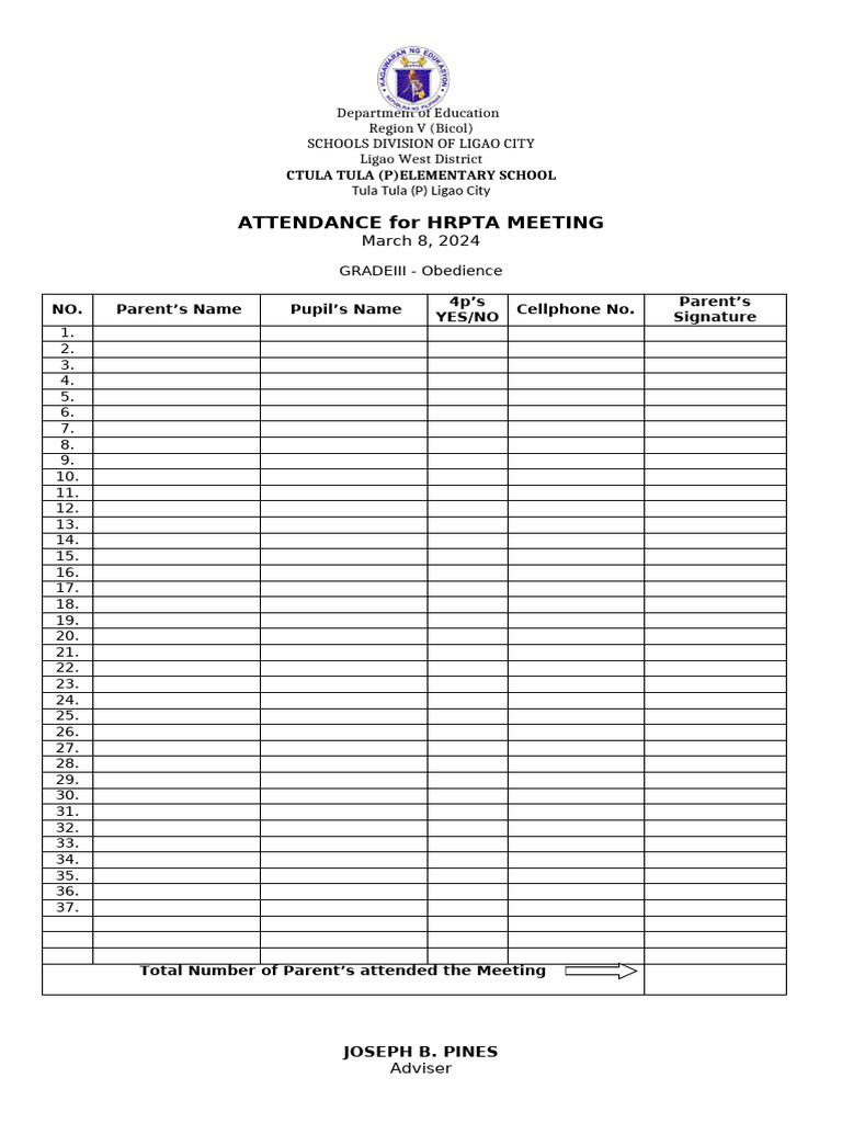 Attendance Pta Meeting Pdf
