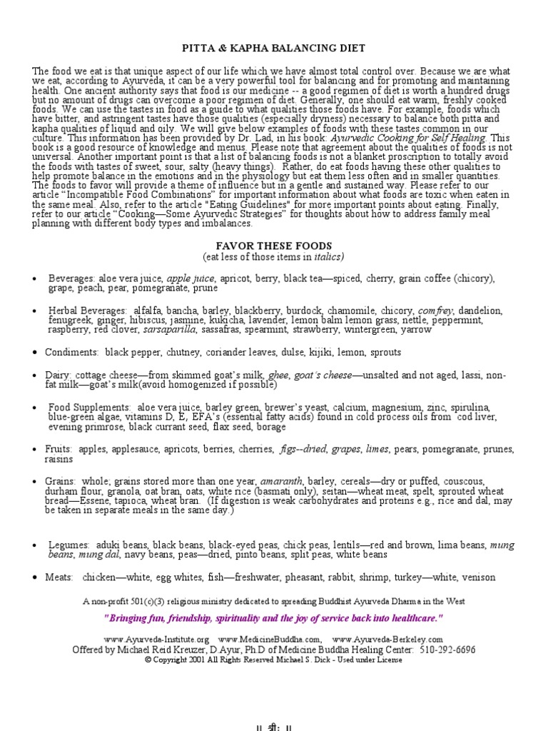 Ayurvedic Diet For Pitta-Kapha | PDF | Ayurveda | Taste