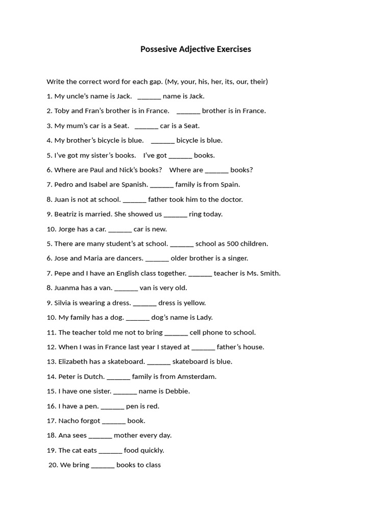 Possesive Adjective Exercises | PDF