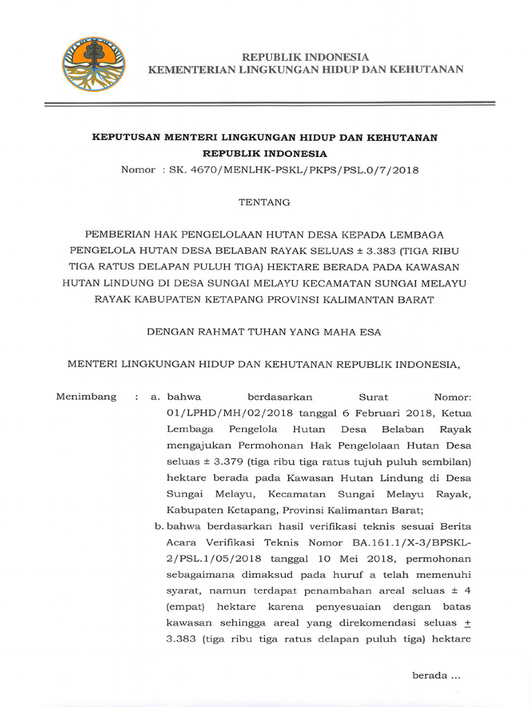 HPHD SK NO 4670 LPHD BELABAN RAYAK - Sungai Melayu - Ketapang - Kalbar | PDF