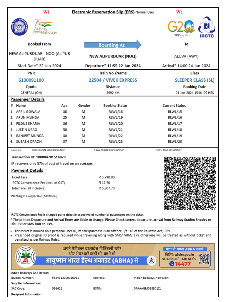 Vivek Express Sleeper Class (SL) : WL WL | PDF