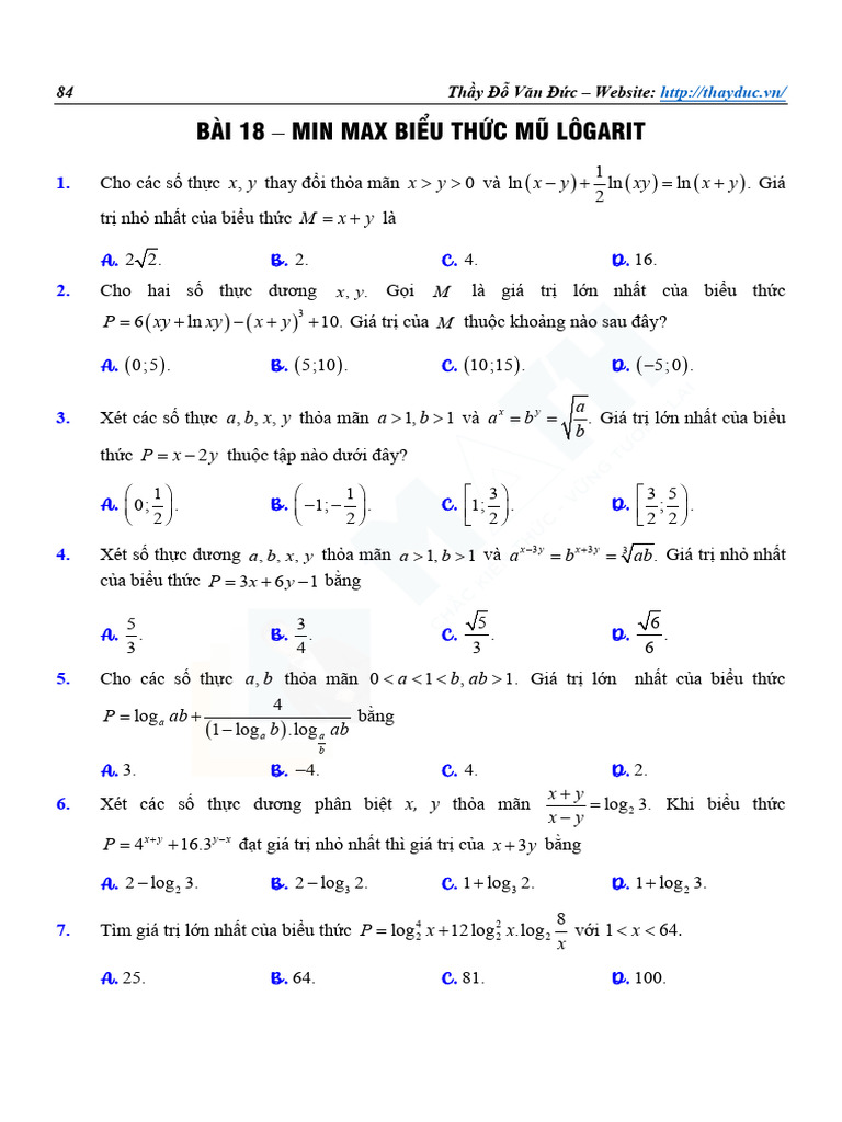 IB7 - Min Max Biểu Thức Mũ Logarit | PDF