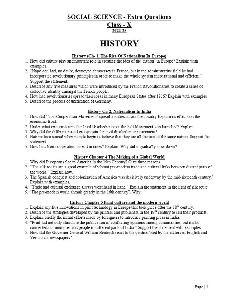 Class 10 - Social Science - Extra Questions - 2024-25 | PDF