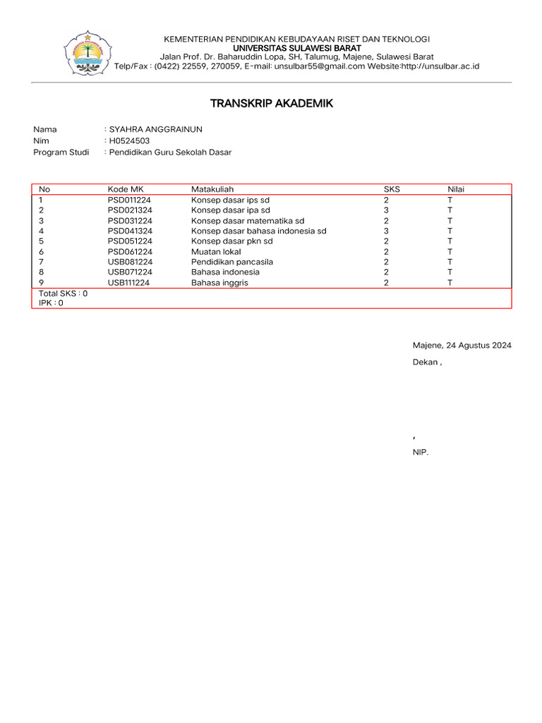 Siakad - Unsulbar.ac - Id Mahasiswa Transkrip Unduh PDF | PDF