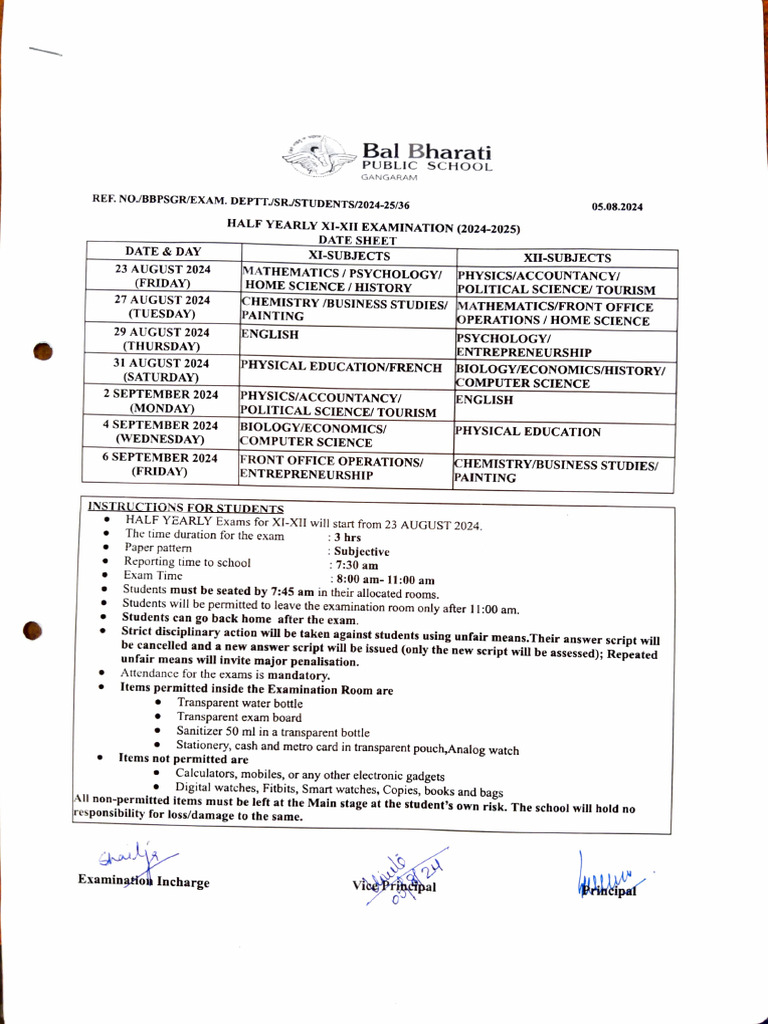Half Yearly Date Sheet XI - XII | PDF