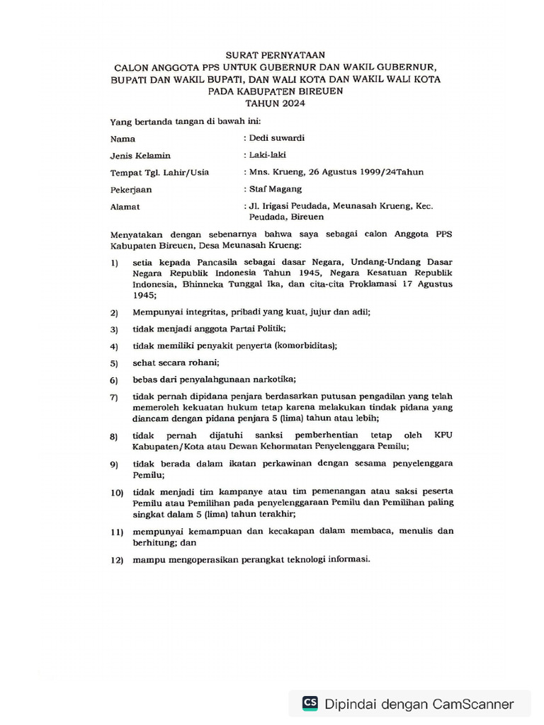 Surat Pernyataan Pps Dedi | PDF