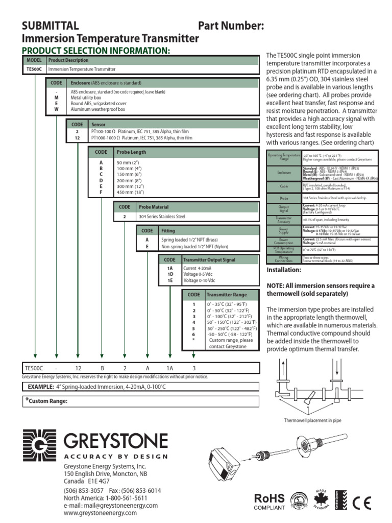 TEMP. SENSOR IMMERSION (WELL) TE500C - Submittal | PDF