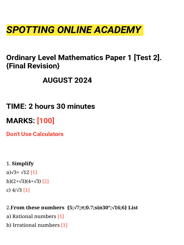 MATHEMATICS EXAM 2 at SPOTTING ONLINE ACADEMY | PDF