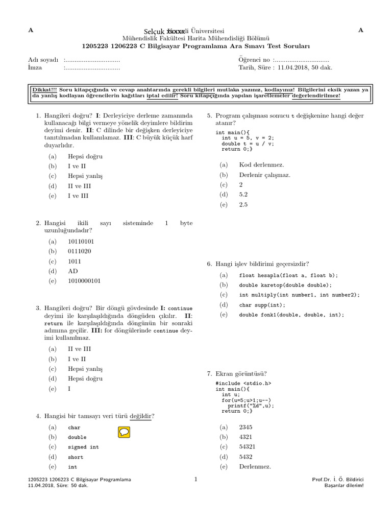 Kocaeli Üniversitesi C Bilgisayar Programlama Ara Sınavı Test Soruları ...
