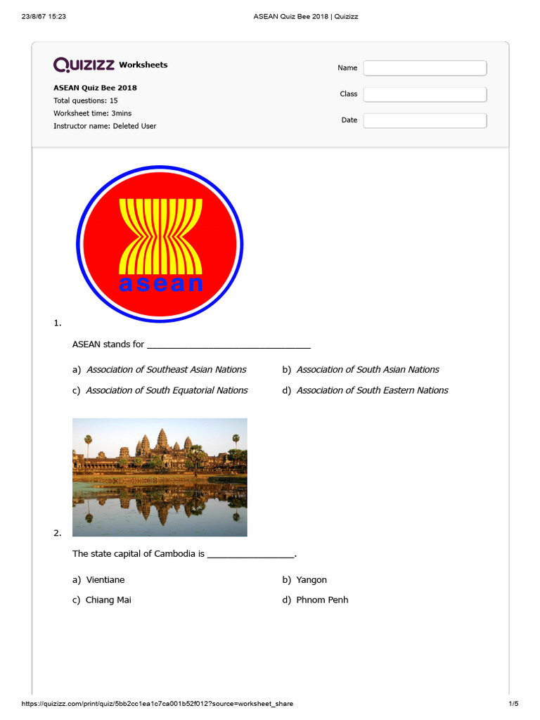 ASEAN Quiz Bee 2018 - Quizizz | PDF