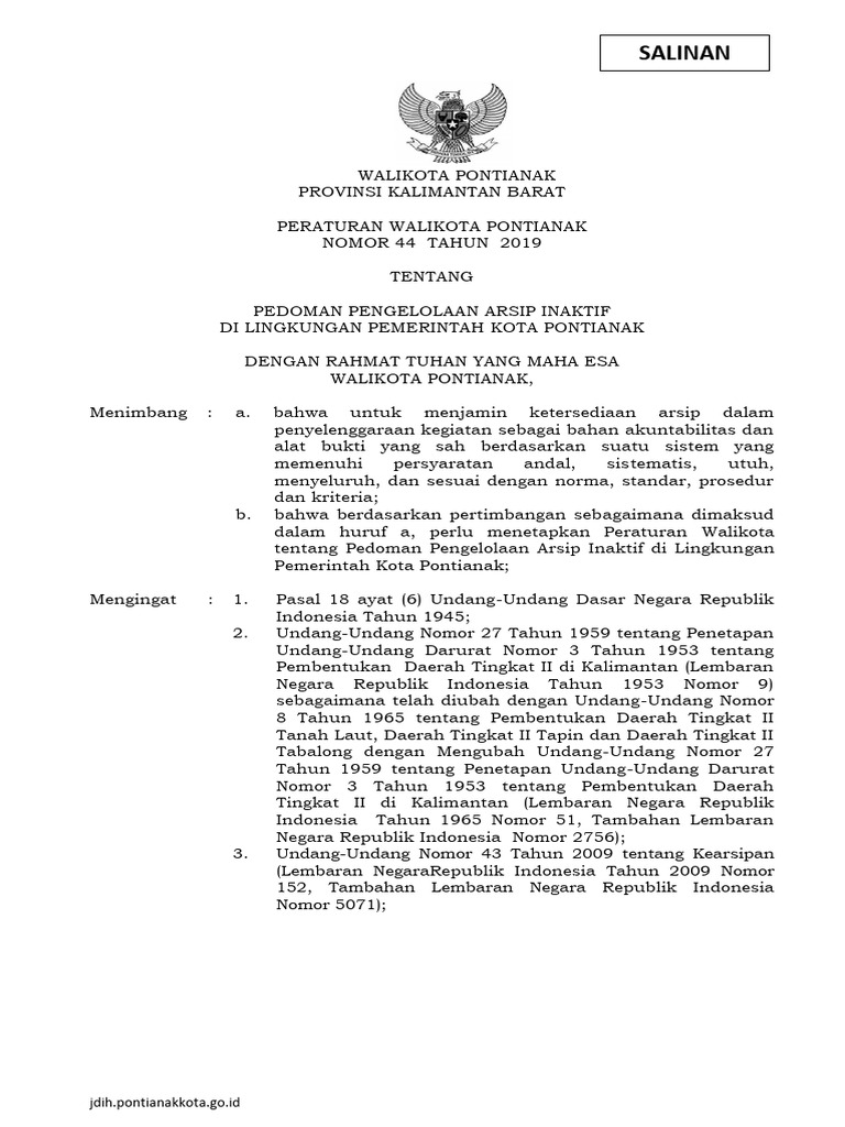 Perwa No 44 Tahun 2019 TTG Pedoman Pengelolaan Arsip Inaktif | PDF