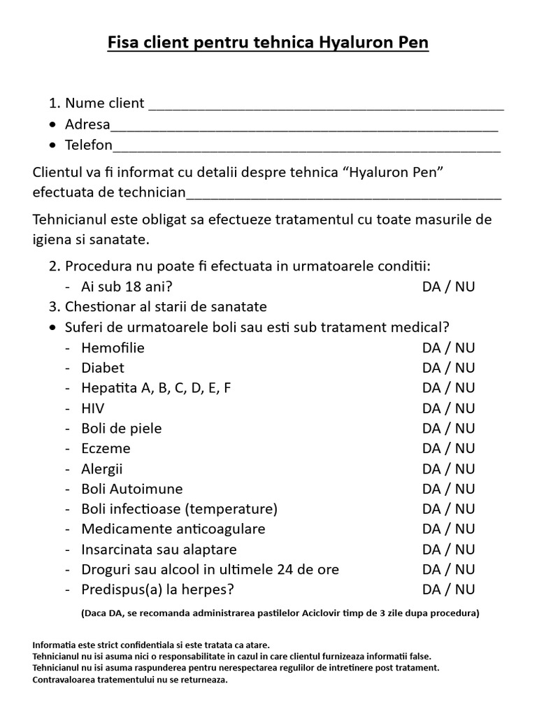Fisa Client Pentru Tehnica Hyaluron Pen | PDF