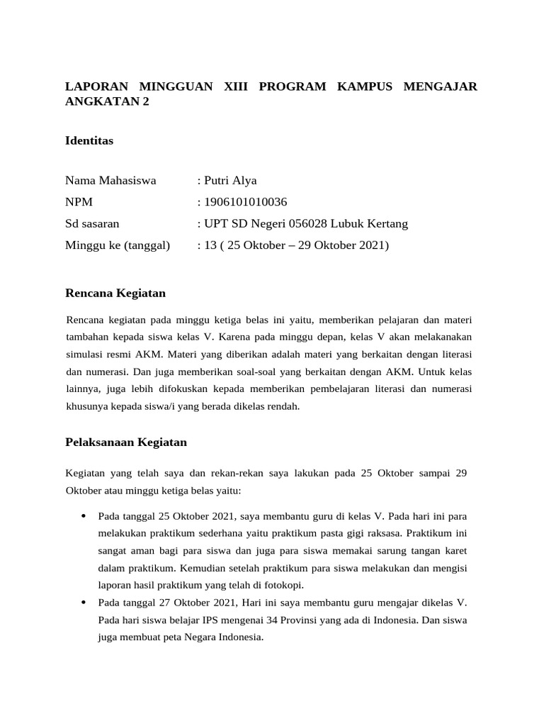 Laporan Mingguan Xi Putri Alya | PDF