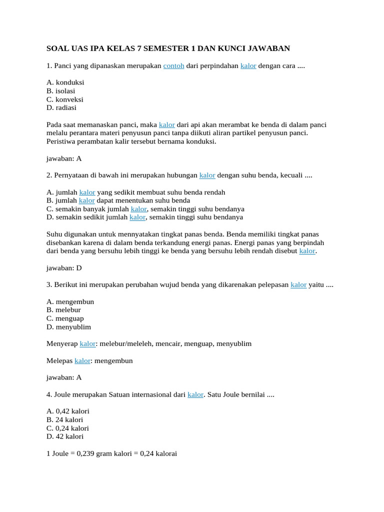 Soal Uas Ipa Kelas 7 Semester 1 Dan Kunci Jawaban | PDF