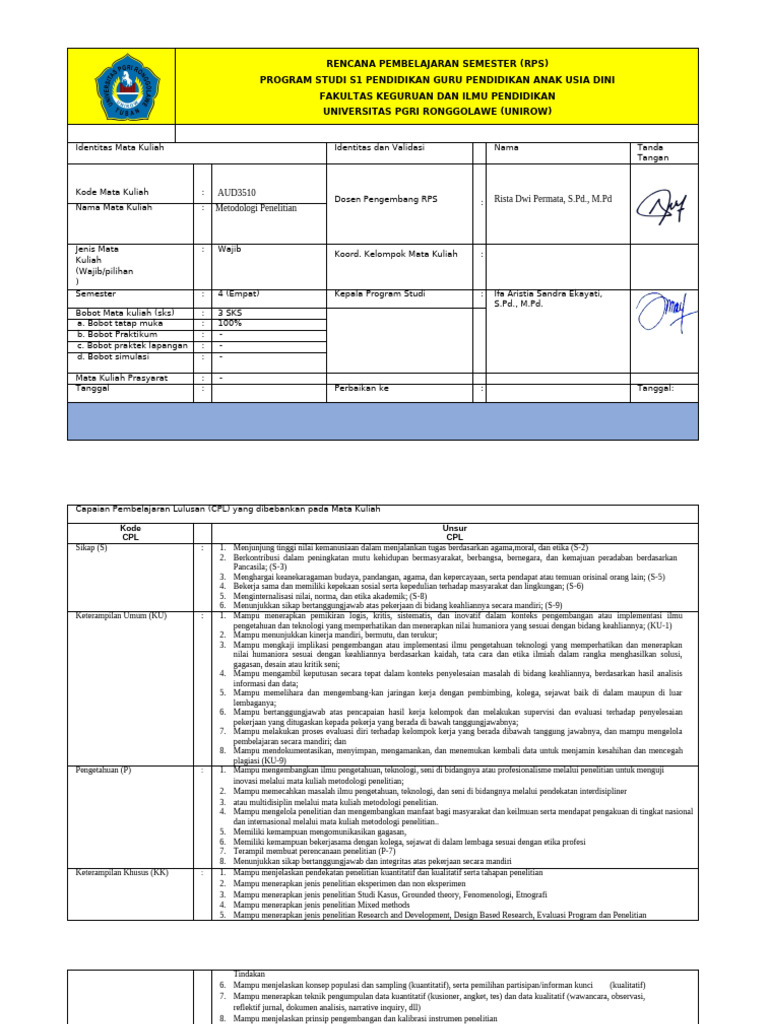 RPS Metode Penelitian | PDF