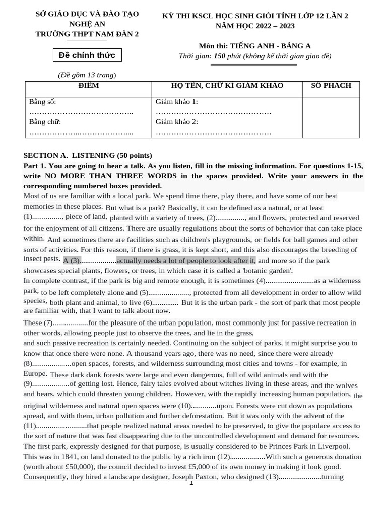 đề thi kscl hsg tỉnh lần 2 môn tiếng Anh - | PDF