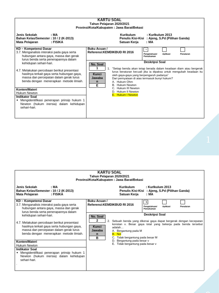 Kartu Soal Pat X Ipa 2021 | PDF
