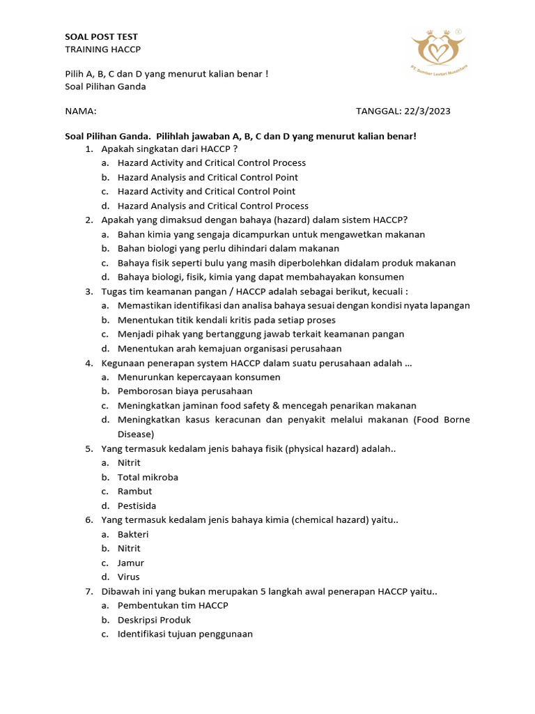 Hasil Post Test Haccp | PDF