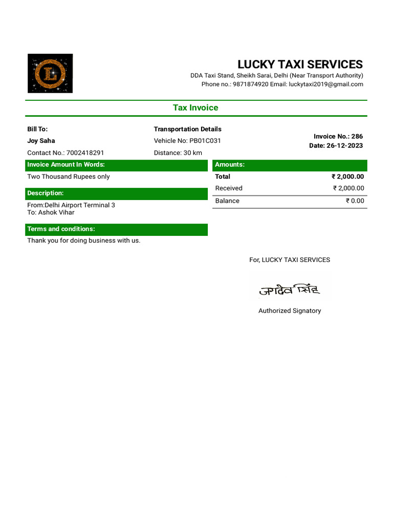 Lucky Taxi Services: Tax Invoice | PDF